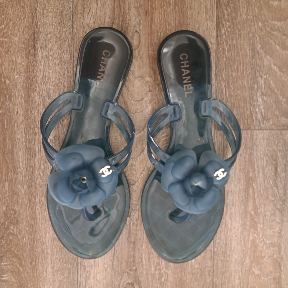 Chanel Interlocking Cc Rubber Thong Slides Blue Sanda… - Gem